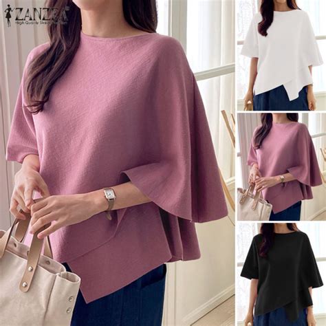 Esolo ZANZEA Women Round Neck Loose Blouse Fashion Chic 3 4 Sleeve
