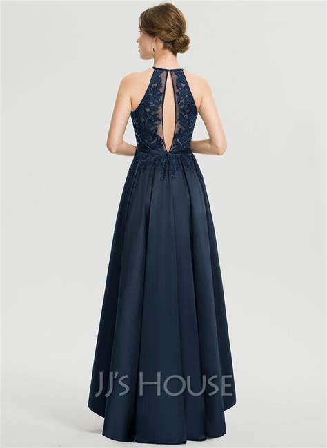 A Line Scoop Neck Asymmetrical Satin Prom Dresses With Sequins