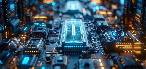 Close Up Of Advanced Quantum Computer Circuitry With Glowing Elements Stock Illustration