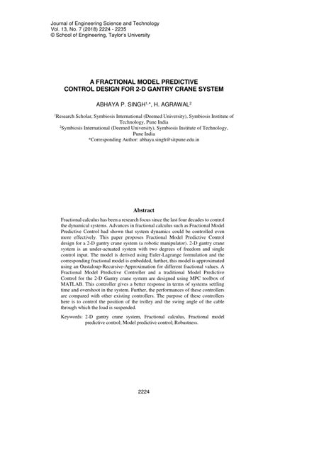 Pdf A Fractional Model Predictive Control Design For 2 D Gantry Crane System