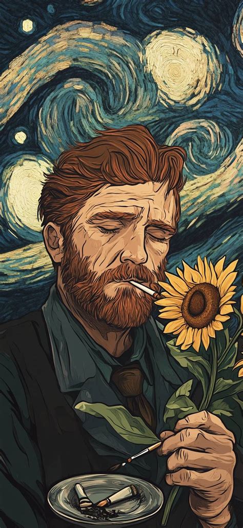 반 고흐가 별이 비치는 밤을 그릴 때 해바라기를 들고 배경은 별과 어두운 파란 하늘로 되어 있습니다