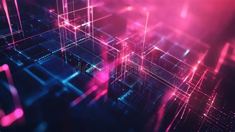 Neon Glowing Geometric Shapes And Lines Forming A Futuristic Digital Network In Virtual Space