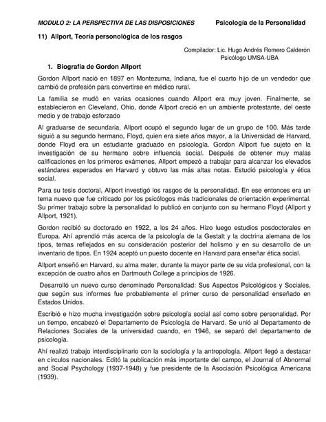 Allport Teor A Personol Gica De Los Rasgos Modulo La