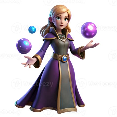 Young Female Mage In Purple Robe Juggling Glowing Orbs 51223790 Png