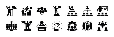 리더십 플랫 아이콘 세트입니다 비즈니스 팀워크 조직 관리 관리자 강한 사람 교육 파트너십 캠페인 고문 성취 계층 구조 성공을 포함합니다 벡터 일러스트 레이 션