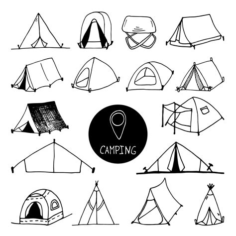 Big Hand Drawn Vector Camp Tent Clip Art Set Isolated On White