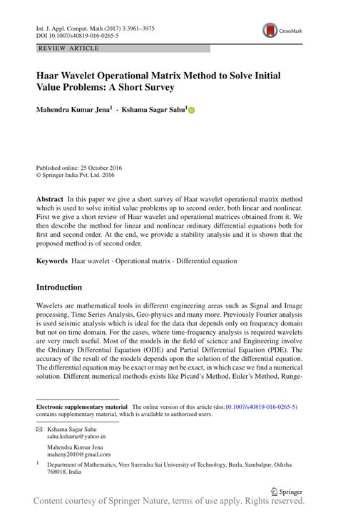 Haar Wavelet Operational Matrix Method To Solve Initial Value Problems