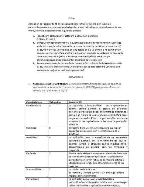 Taller Soft Software Taller Aplicación De Factores 9126 En La Evaluación De Software