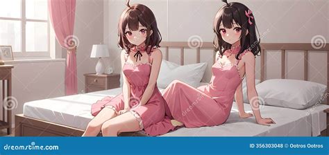 2 Girls In Pink Dress On Bed Anime Manga Stock Illustration