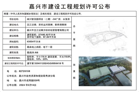 嘉兴市王江泾南方纺织经营管理有限公司申请闻川智创园项目二期 3 厂房水泵房项目工程规划许可的批后公布
