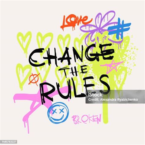 도시 타이포그래피 슬로건 스프레이 효과로 규칙을 변경합니다 티셔츠나 스웨트셔츠를 위한 거리 예술 그래피티 프린트 밝은 네온 색상의 추상적인 그래픽 지하 유니섹스 디자인