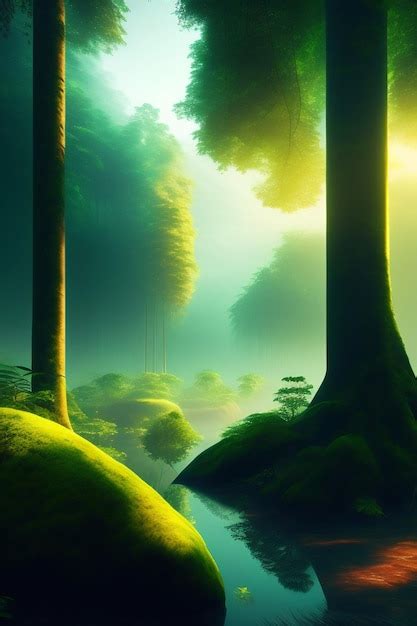 Premium Ai Image Thick Forest Dark Green Background Old Trees