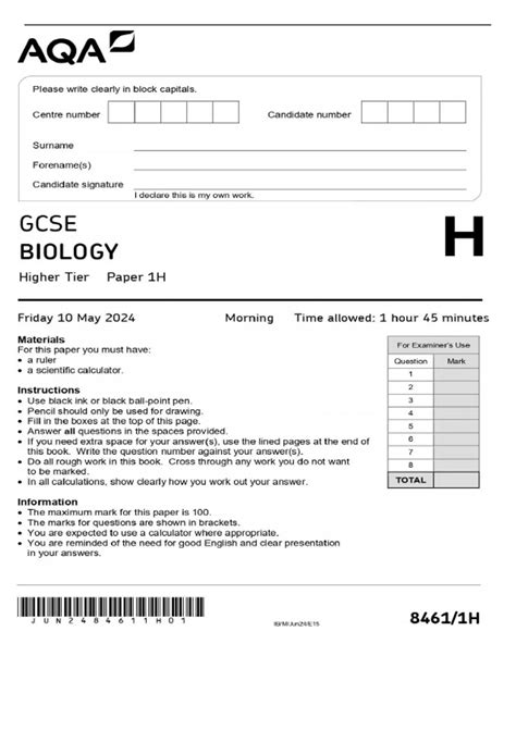 Gcse Aqa May 2024 Higher Triple Science Biology Paper 1 8461 1h Question Paper Mark Scheme