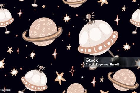 귀여운 손으로 그린 Ufo와 행성 별 우주 개체 원활한 패턴 배경 스칸디나비아 스타일 벡터 삽화 포장지 아이 직물 배경 0명에 대한 스톡 벡터 아트 및 기타 이미지 Istock