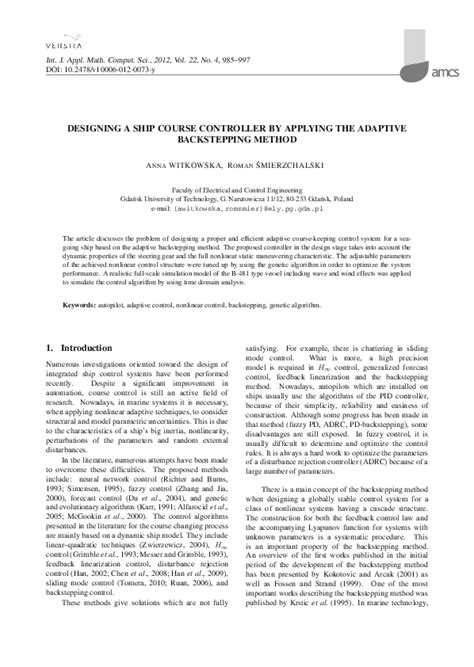 Pdf Designing A Ship Course Controller By Applying The Adaptive Backstepping Method