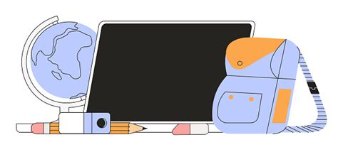 학용품 배낭 연필 및 고무 글로브가있는 노트북 또는 컴퓨터 학교로 돌아가기위한 개념 온라인 학습 및 학생 발표 벡터