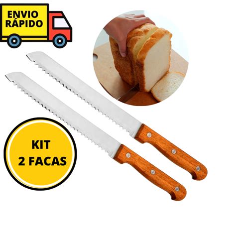 Kit Faca Para Pão 8 De Inox E Cabo De Madeira Com Serra 2 Peças Para Cortar Pães Bolos De Casa