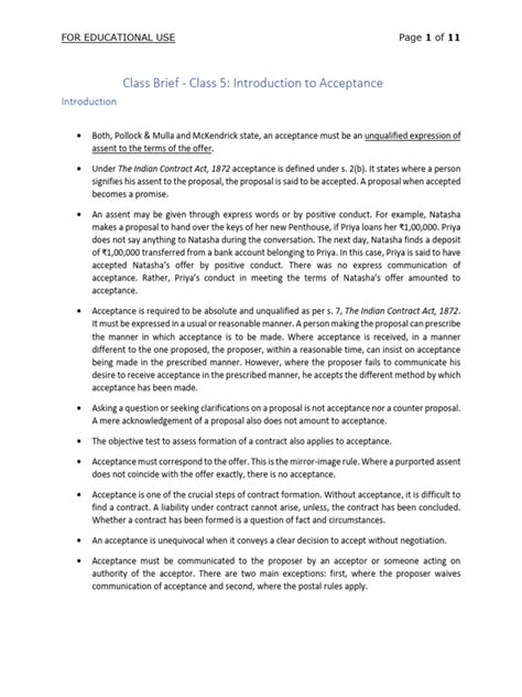 Class Brief Class 5 Loc I Pdf Offer And Acceptance Civil