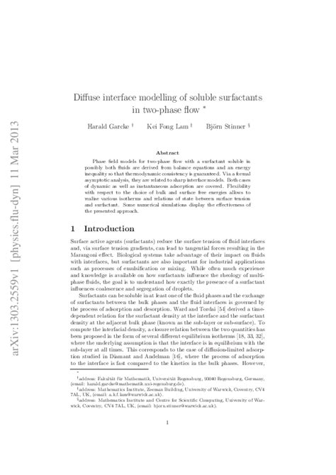 Pdf Diffuse Interface Modelling Of Soluble Surfactants In Two Phase Flow