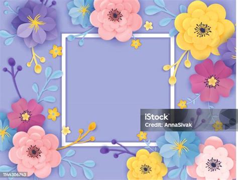 종이 잘라 꽃 인사말 카드 템플릿입니다 꽃 배경 프레임 종이 접기 스타일입니다 배너 포스터에 대 한 식물 봄 여름 디자인입니다 벡터 일러스트 0명에 대한 스톡 벡터 아트 및