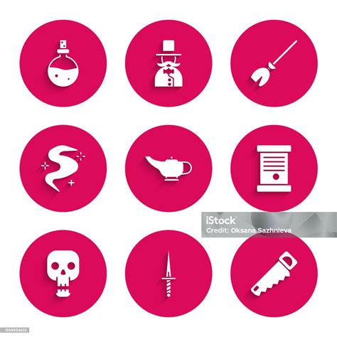 마법 램프 또는 알라딘 단검 손톱 법령 종이 양피지 두루마리 두개골 안개 연기 마녀 빗자루 및 사랑의 묘약 아이콘이 있는 병을 설정합니다 벡터 검에 대한 스톡 벡터 아트 및