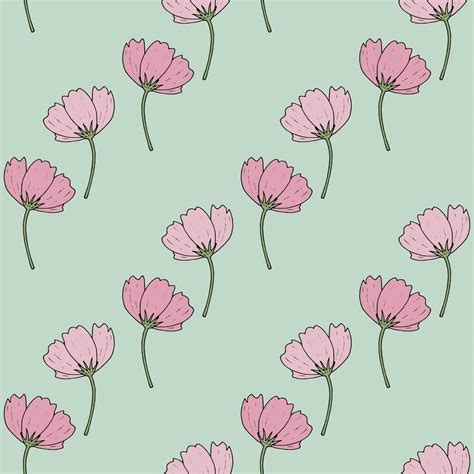 Seamless Pattern With Cute Cosmea Flowers On Light Green Background Vector Image 9659614