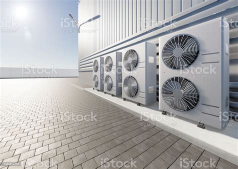 공장 공장 외부의 응축기 장치 또는 압축기의 3d 렌더링 Ac 에어컨 난방 환기 또는 Hvac 에어컨 시스템 장치 열과 냉각을