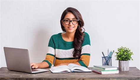 Premium Photo Indian College Girl With Glasses Sits At A Desk With A