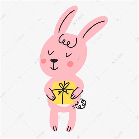 粉红色小兔礼盒抽象线条动物涂鸦素材图片免费下载 千库网