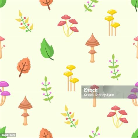 매끄러운 패턴 추상 요소 버섯 잎 숲 벡터 디자인 스타일 배경 일러스트 텍스처 인쇄 직물 의류 선물 랩 벽지 파스텔 개성 개념에