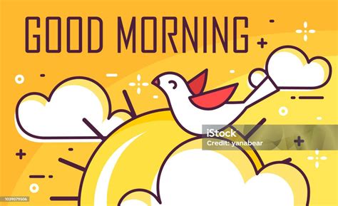 조류와 구름 태양 굿 모닝 카드 얇은 라인 플랫 디자인입니다 벡터 좋은 아침 배너 가을에 대한 스톡 벡터 아트 및 기타 이미지 가을 개념 구름 Istock