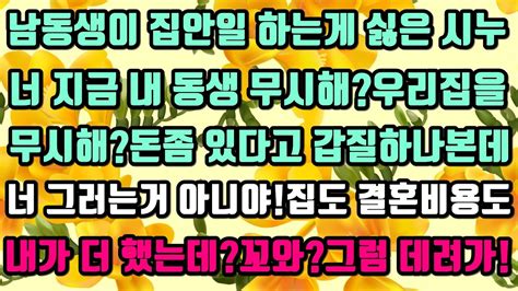 카카오실화사연 자기 남동생이 집안일 하는게 싫은 시누너남편 무시해그런 우리집을 무시하는거야아니면 돈좀 있다고 갑질해집도