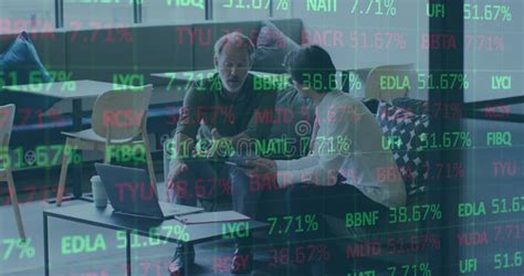 Image Of Stock Market Data Processing Over Two Diverse Men Discussing