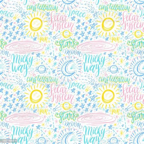 공간 천문학 귀여운 만화 손으로 그려 완벽 한 패턴 장식적인 손 글자입니다 벡터 일러스트 레이 션 그리기에 대한 스톡 벡터 아트 및 기타 이미지 Istock