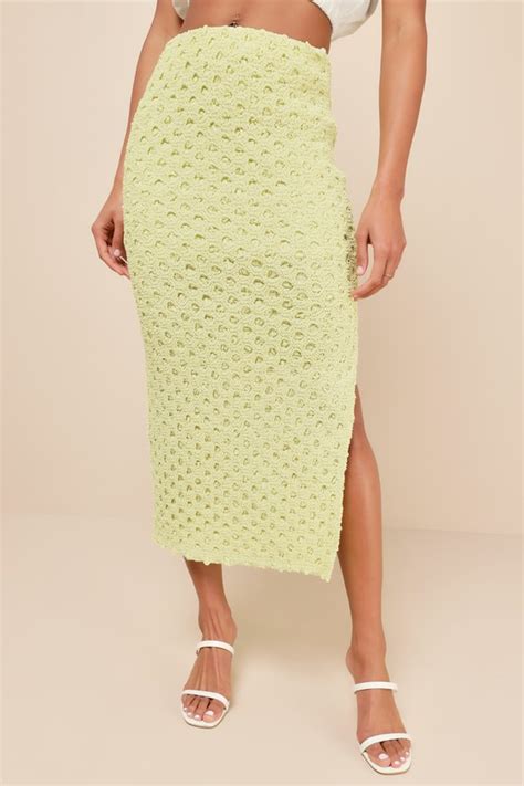 Lime Green Textured Skirt Bodycon Midi Skirt Crinkle Skirt Lulus