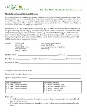 Fillable Online MIDDLE SCHOOL SERVICE HOURS FORM 2022 2023 Holy