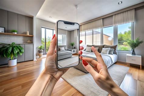 Dormitorio De Realidad Aumentada Mujer Tomando Foto Con Smartphone 3d