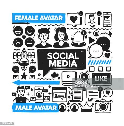 소셜 미디어의 개체 및 요소 벡터 낙서 일러스트 컬렉션입니다 손으로 그린 아이콘 세트 또는 배너 템플릿 Brand Name Online Messaging Platform에