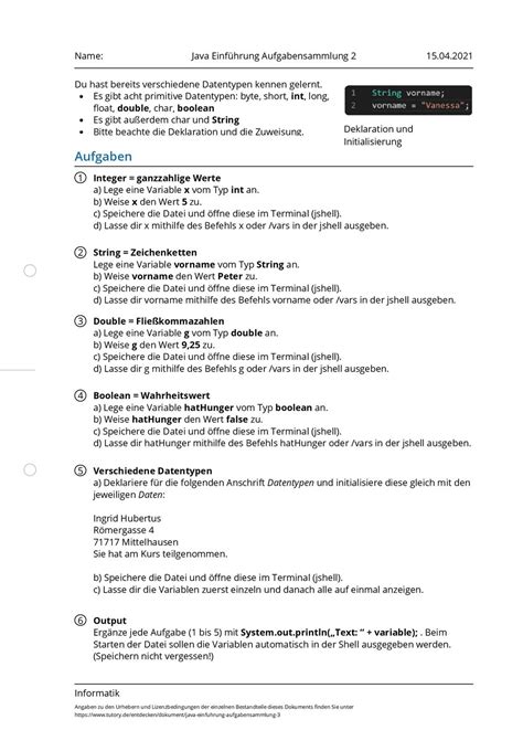 Arbeitsblatt Java Einführung Aufgabensammlung 2 Informatik Tutory De