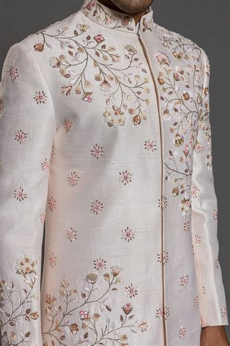 Buy Pearl White Resham Embroidered Raw Silk Wedding Sherwani Online