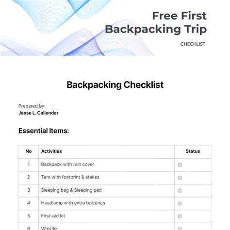 First Backpacking Trip Checklist Edit Online And Download Example