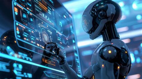 Premium Photo A Sleek Ai Robot Interacting With A Virtual Interface