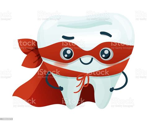 빨간 망토와 마스크귀여운 행복 치아 슈퍼 히어로 캐릭터 구강 관리 입 위생 치아 복원 개념 만화 벡터 일러스트 만화에 대한 스톡