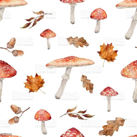 수채화 파리 Agaric과 가을은 매끄러운 패턴을 남깁니다 직물에 대한 손으로 그린 가을 그림 흰색 배경에 포장지 버섯에 대한