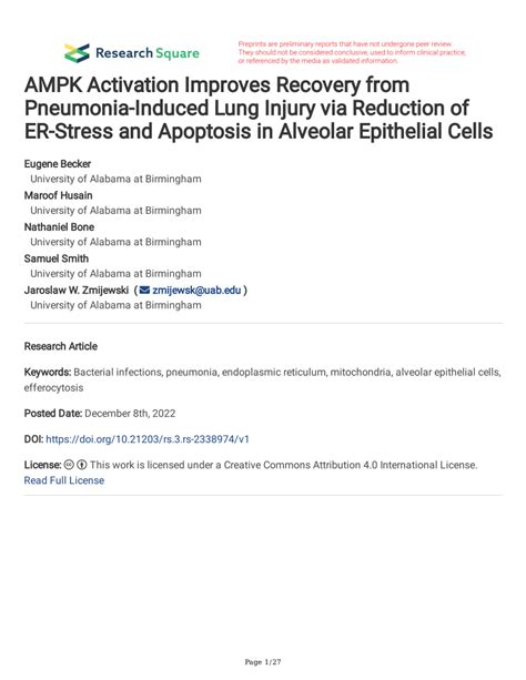 Pdf Ampk Activation Improves Recovery From Pneumonia Induced Lung