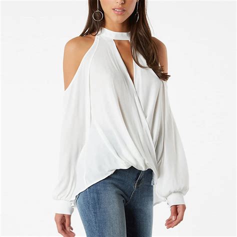 Women Chiffon Tops Ladies Elegant Sexy V Neck Blouses Bare Shoulder