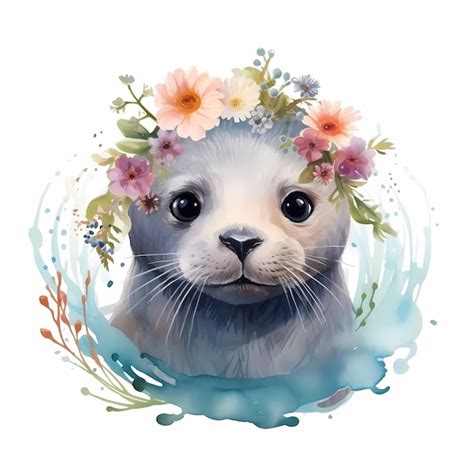 Premium Ai Image A Seal With A Flower Wreath Around Its Head