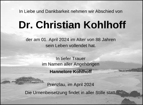 Traueranzeigen Von Christian Kohlhoff Trauer Nordkurier