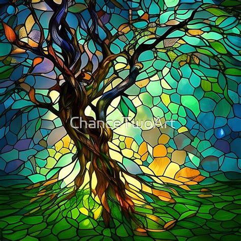 A Faux Stained Glass Image Of A Gnarled Tree Shedding Its Leaves In The