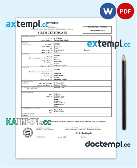 Sample Australia Victoria Birth Certificate Template In Word Format